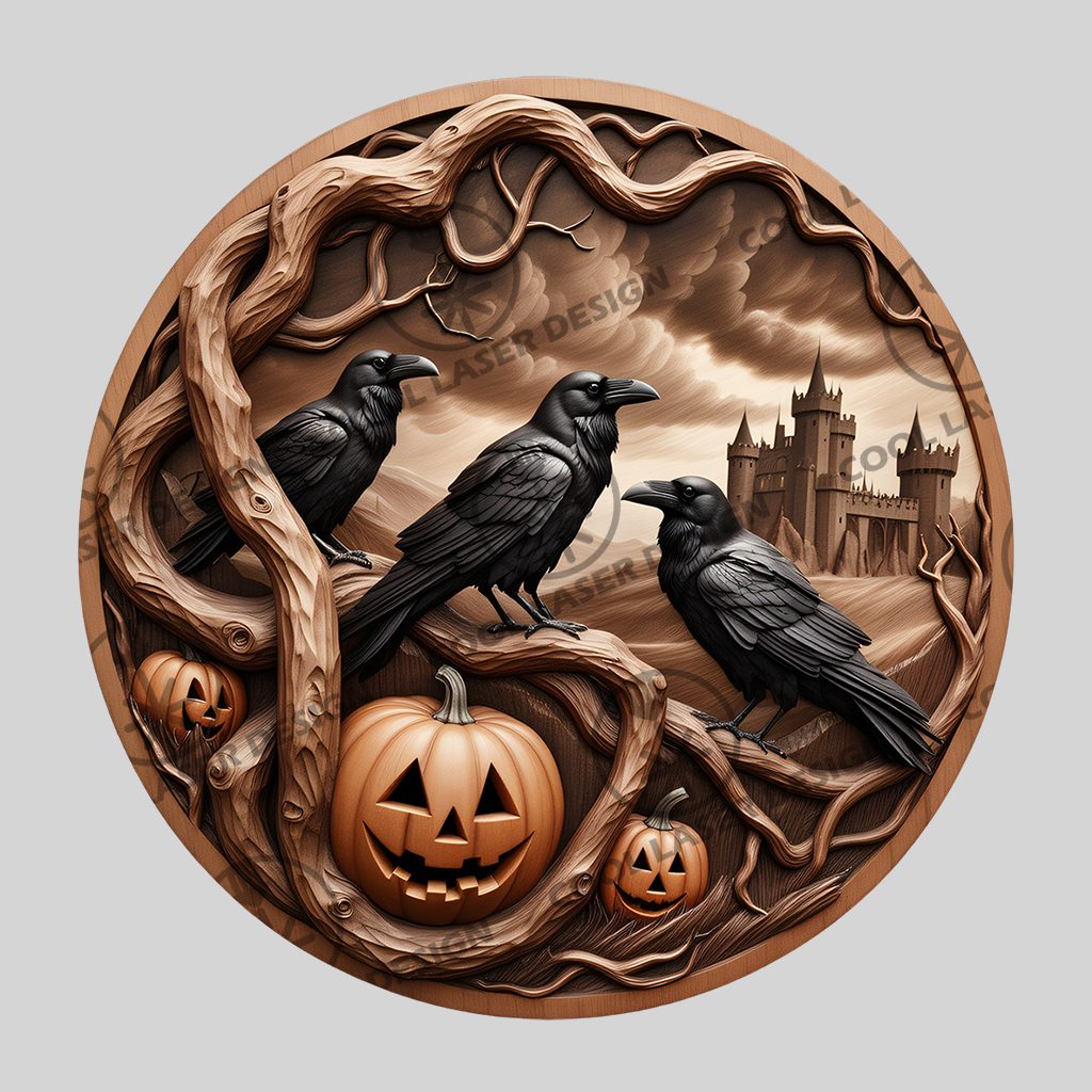 Halloween 3D Illusion Laser Engraving File, Spooky Crows and Vines ...
