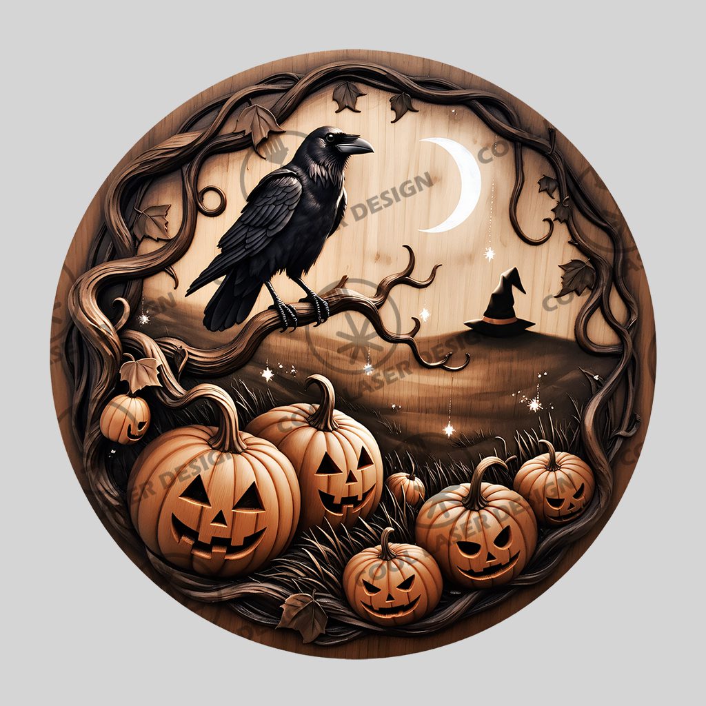 Halloween Laser Engraving File, 3D Illusion Crow and Pumpkins, Digital ...