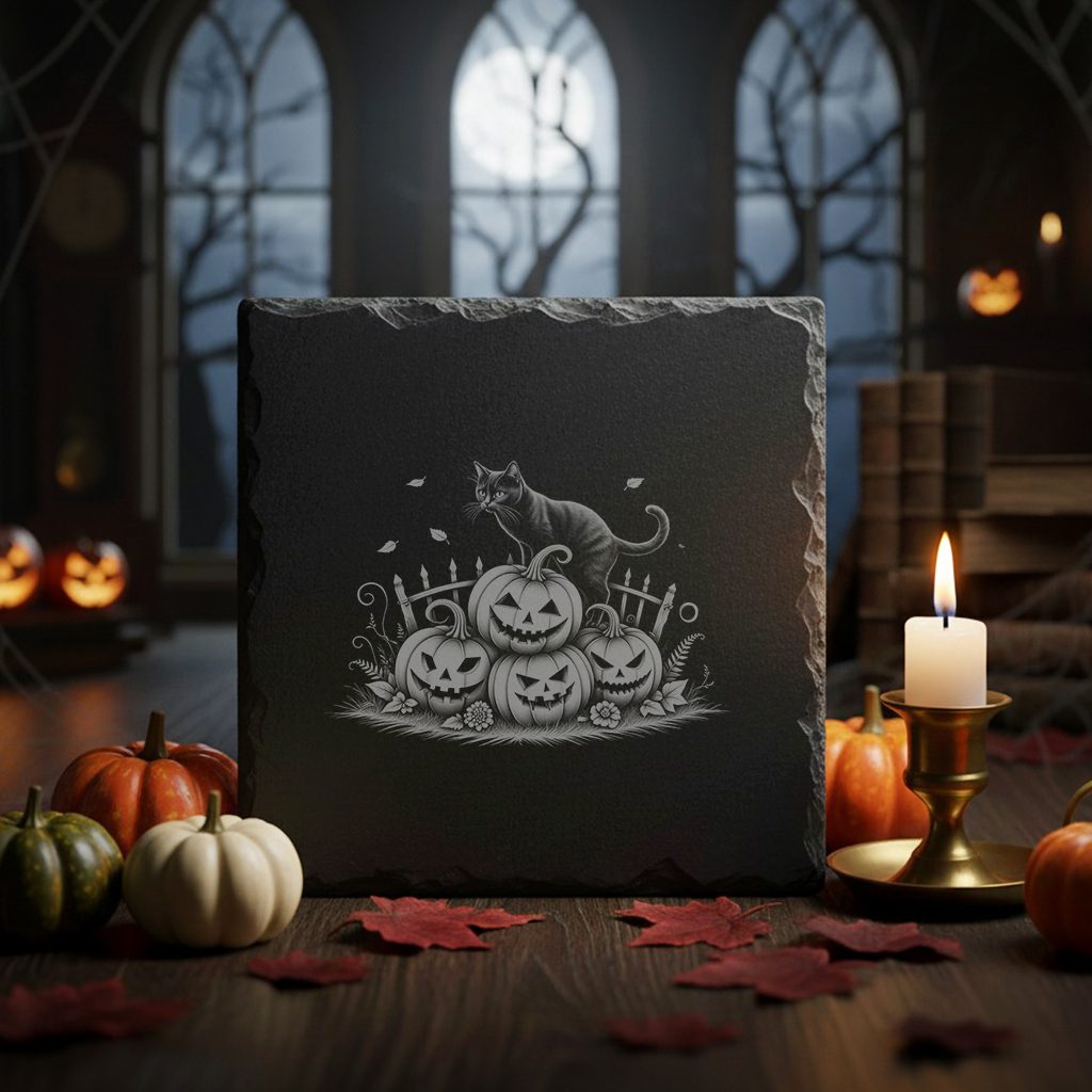 Halloween Laser Engraving File, Black Cat Pumpkin PNG, Slate Coaster ...