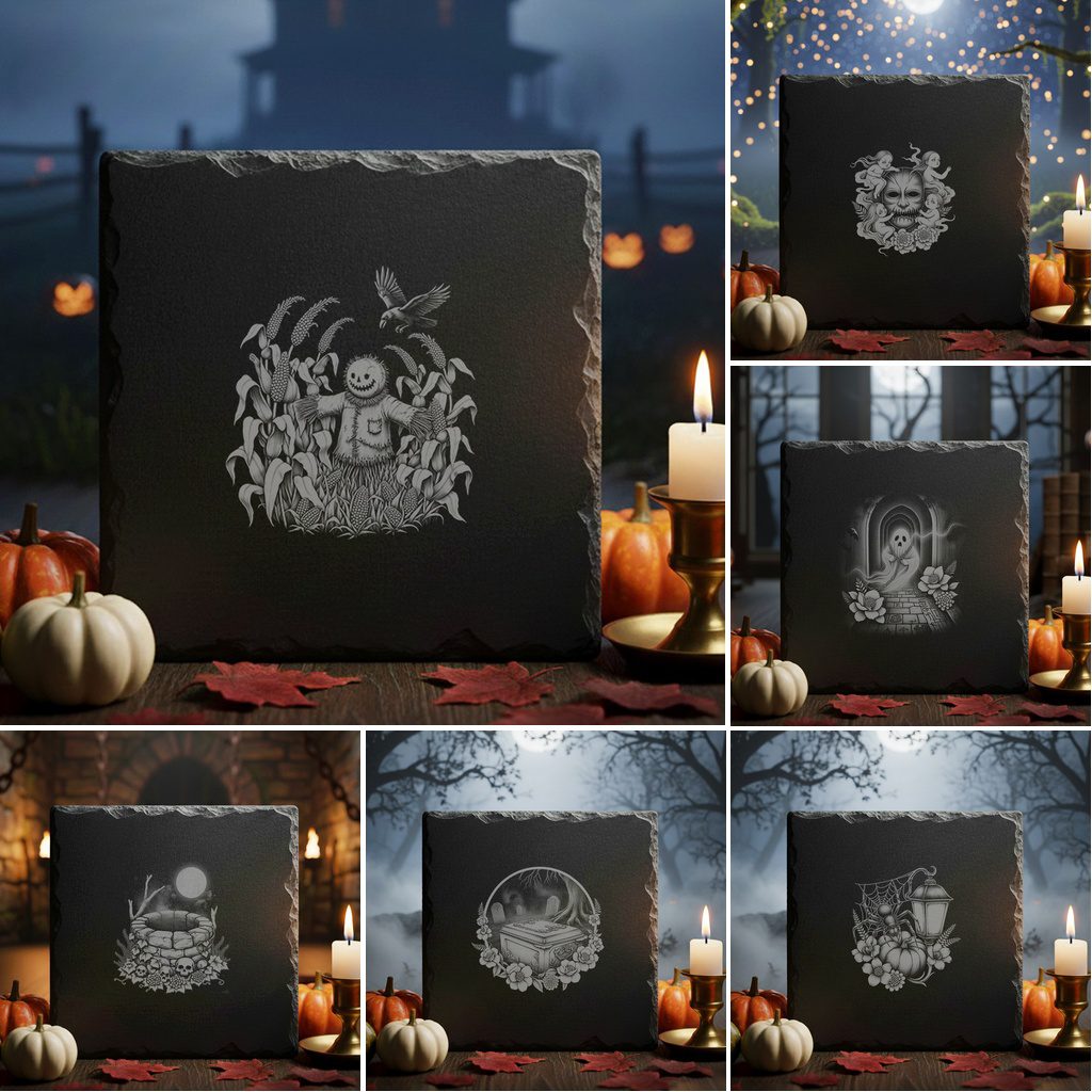 Halloween Laser Engraving File Bundle, Spooky Slate Coaster PNG Designs ...