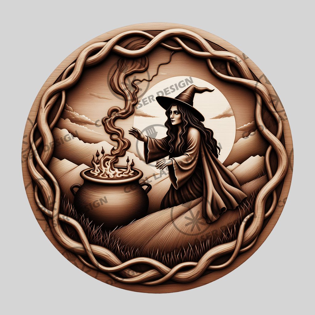 Halloween Witch 3D Engraving Laser File, Spooky Cauldron Moon Wall Art ...