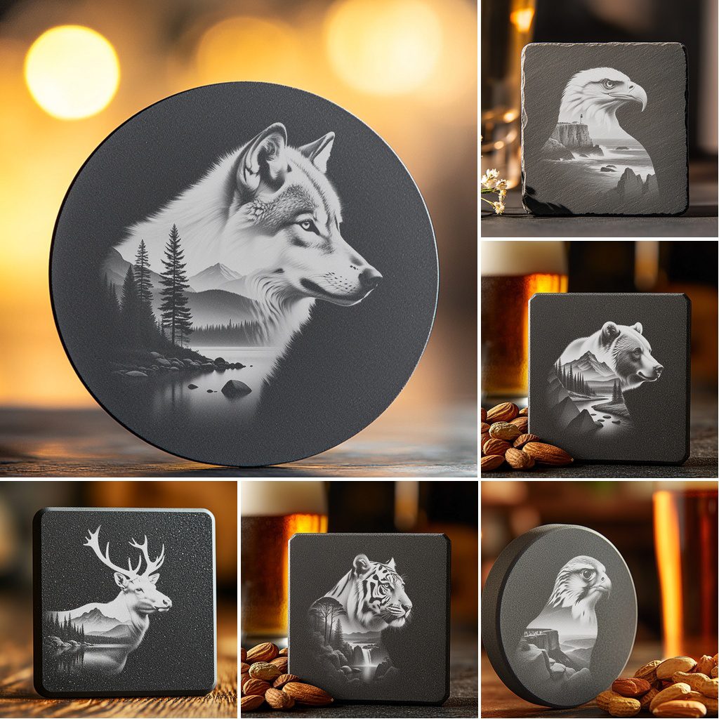 Wild Animal Double Exposure Slate Coaster PNG Bundle, Laser Engraving ...