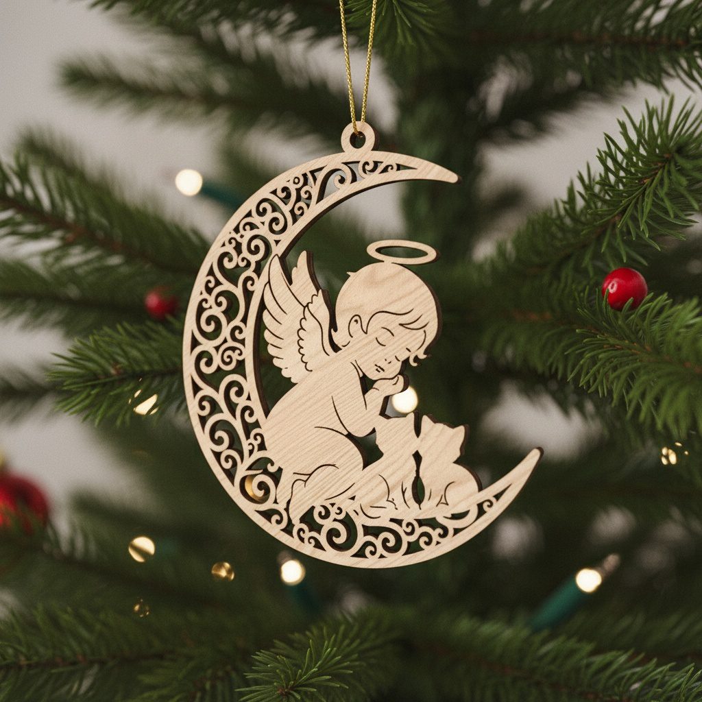 Cat Angel Ornament File, Christmas Moon and Cats Design, Pet Memorial ...