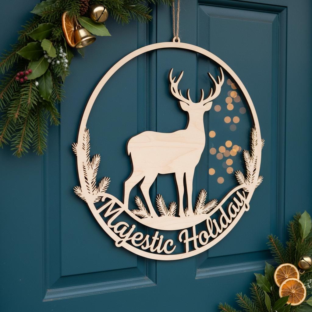 Christmas Door Hanger, Deer Wreath Holiday Decor, Welcome Sign for ...