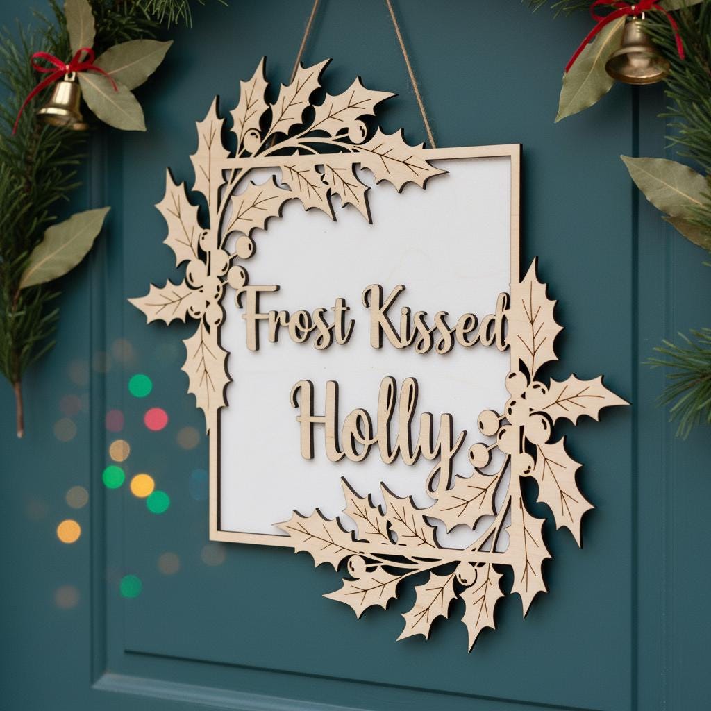 Christmas Door Hanger Frost Kissed Holly Sign, Holiday Laser File for ...