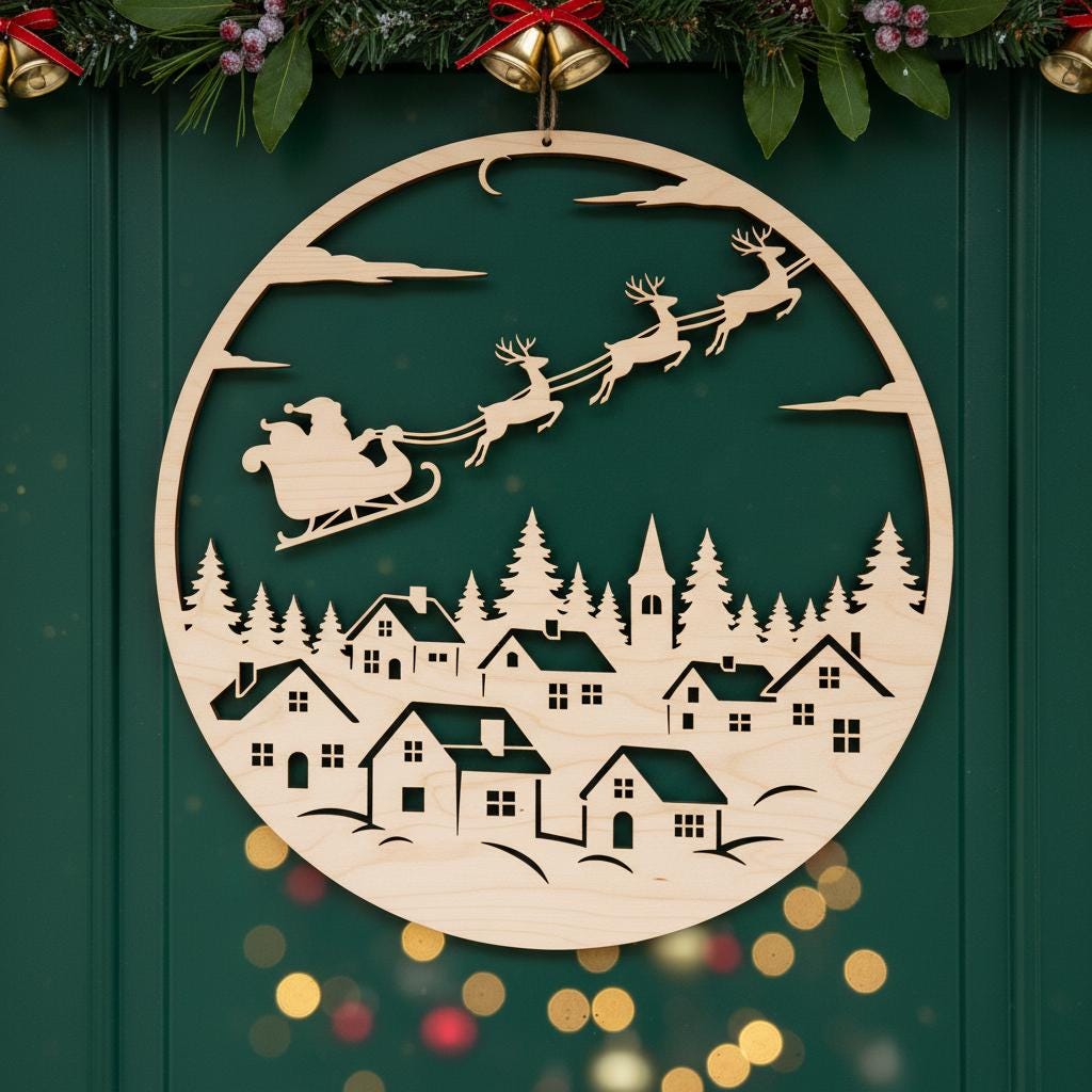 Christmas Door Hanger Santa Sleigh Snowy Village Round Holiday Sign ...