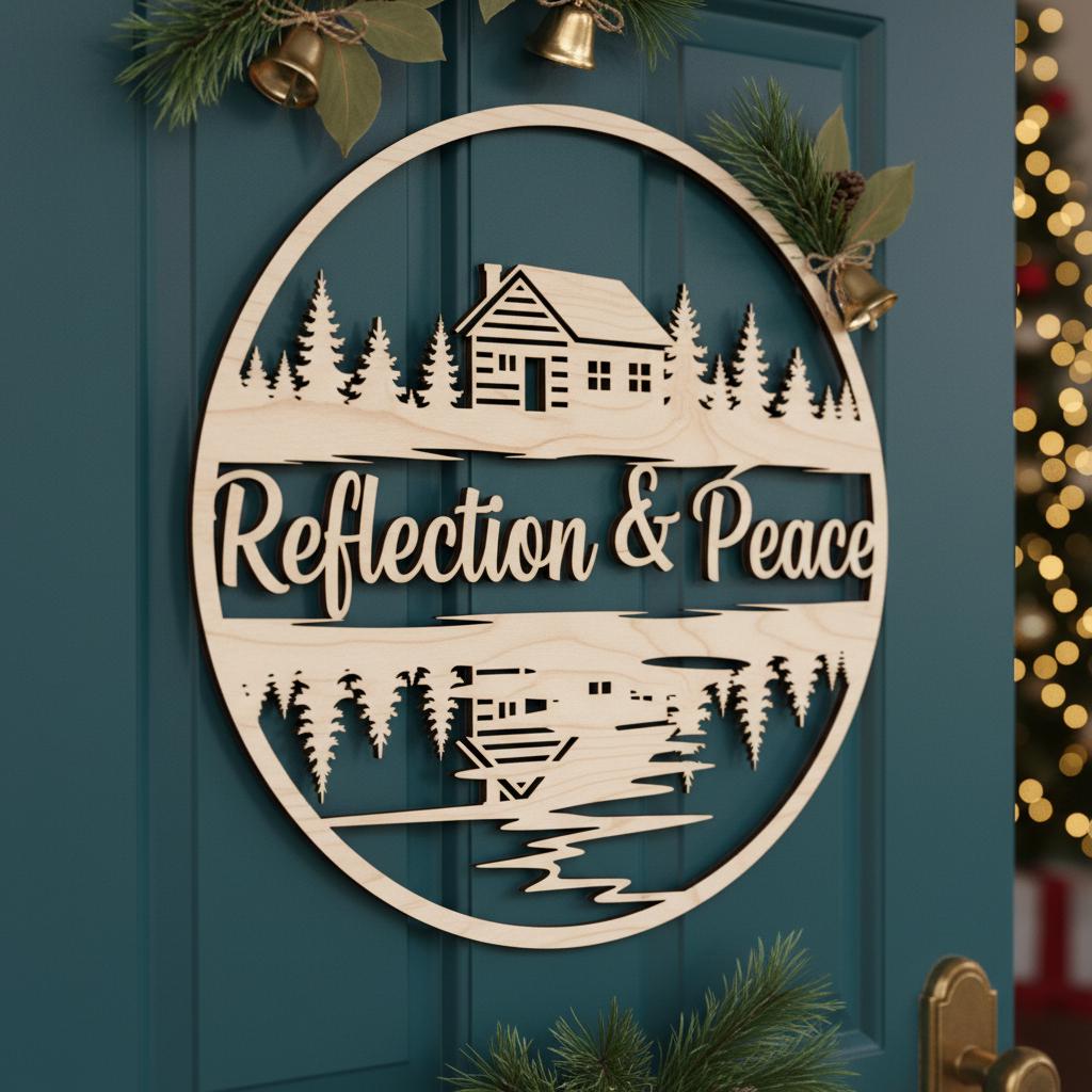 Christmas Door Hanger, Winter Cabin Reflection Peace Sign, Holiday Home ...